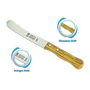 SMI - Bread Knife Solingen Butter Knife Olive Wood Handle Butter Spreader Table Knife with Wide Blade - Made in Germany - Not Dishwasher Safe