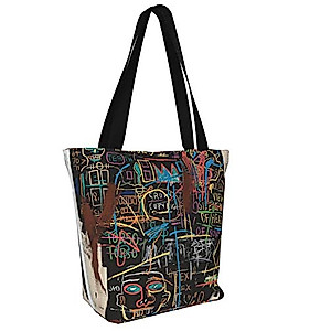 antcreptson Jean-Michel Basquiat Extra Large Canvas Market Beach Travel Reusable Grocery Shopping Tote Bag Portable Storage Handbags