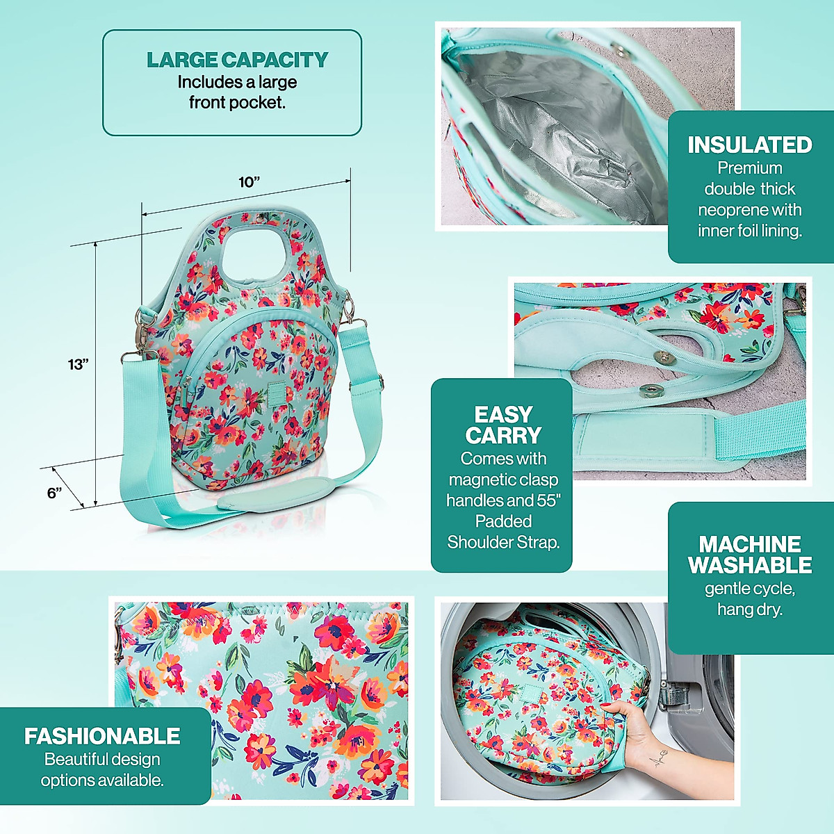 Made Easy Kit Large Insulated Lunch Tote Carrier for Women Men with Front Zipper Pocket, Soft Lightweight, Travel Ready with Padded Shoulder Strap & Magnetic Clasp Handle (Black, Large)