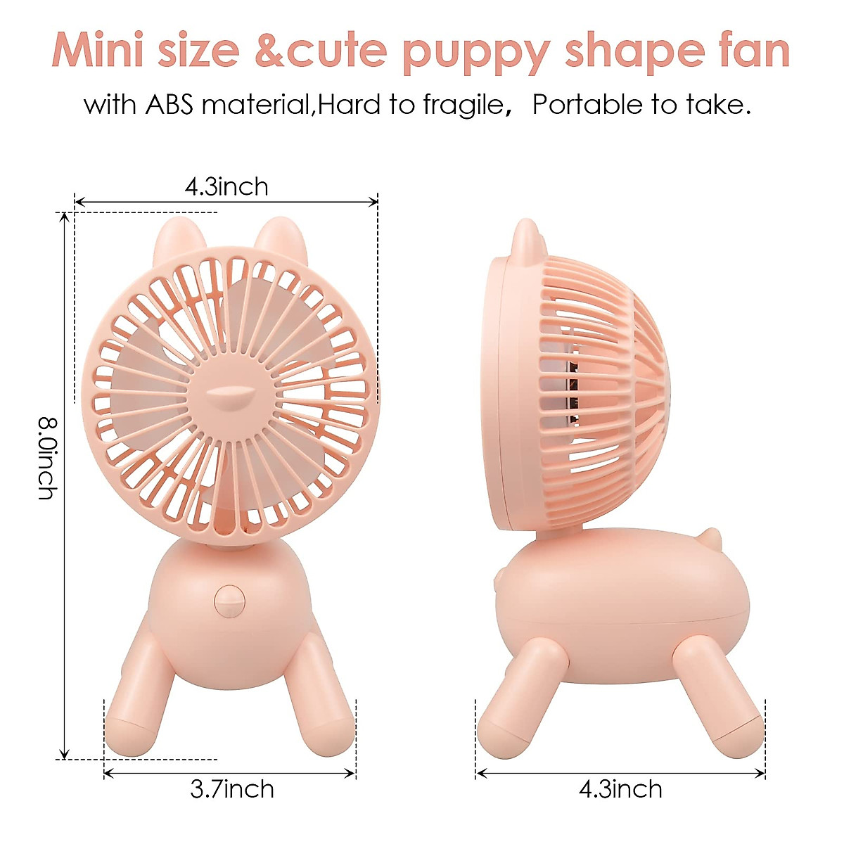 8 Inch Oscillating Small Desk Fan, 4 Speeds Portable Rechargeable Mini Fan with Puppy-Shape,Rotatable Table USB Personal Desktop Fan with Anti-slip Adjustable Rear Legs for Home/Office /Outdoor, Pink