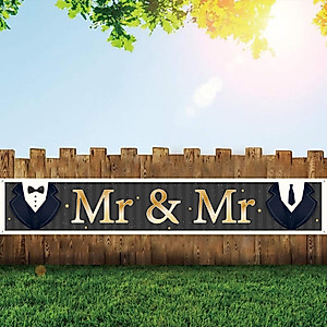 INNORU Large Mr & Mr Banner, Gay Wedding Party Backdrop Yard Sign, Men Groom to Be Yard Garden Banner, Gay Bridal Shower Party Indoor Outdoor Decor Supplies 9.8 * 1.6ft