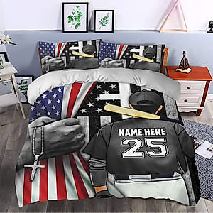 OhaPrints Personalized Baseball Duvet Cover, Baseball Player Christian American Flag Cross Bedding Set & Pillowcases Custom Name & Number Soft Lightweight Twin Full Queen King Comforter Cover Bed Set
