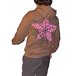 ZJLJAYCHOU Women's Men's Y2k Hoodie Spider Web Graphic Print Sweatshirt Gothic Oversized Jackets (Brown, XL)