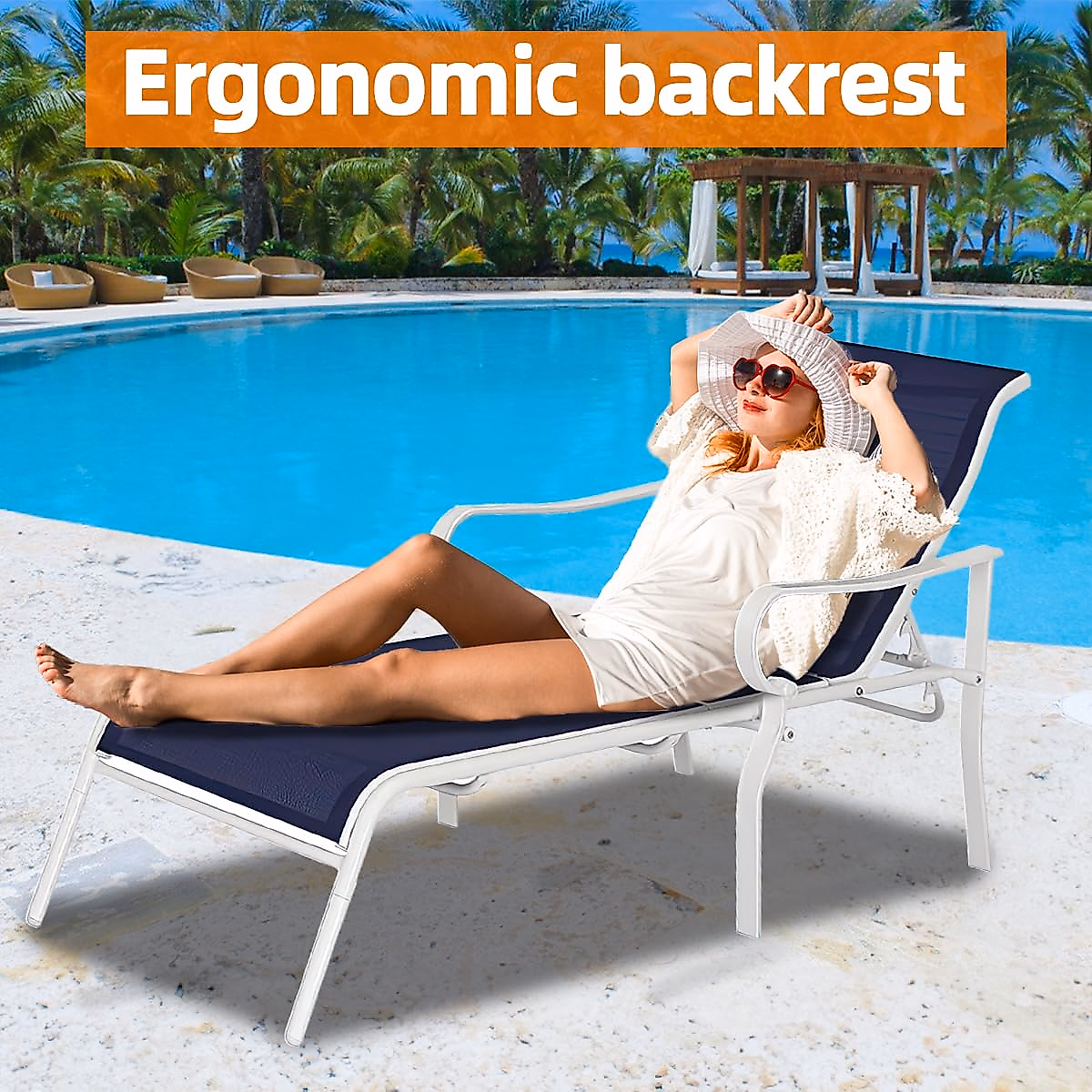 SUMELL Chaise Lounge Outdoor w/Adjustable Back in 5 Reclining Levels Sturdy Metal Frame, Sunbathing Chair for Beach, Yard, Balcony, Poolside, Dark Blue