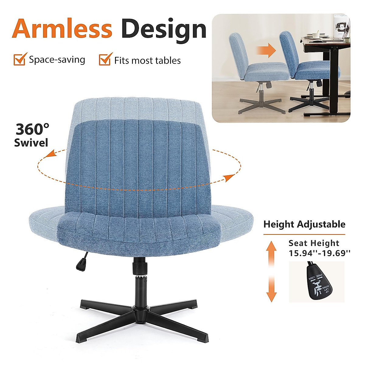 Sweetcrispy Office Chair No Wheels - Armless Desk Chair No Wheels Cross Legged Office Chair Wide Swivel Home Office Desk Chairs