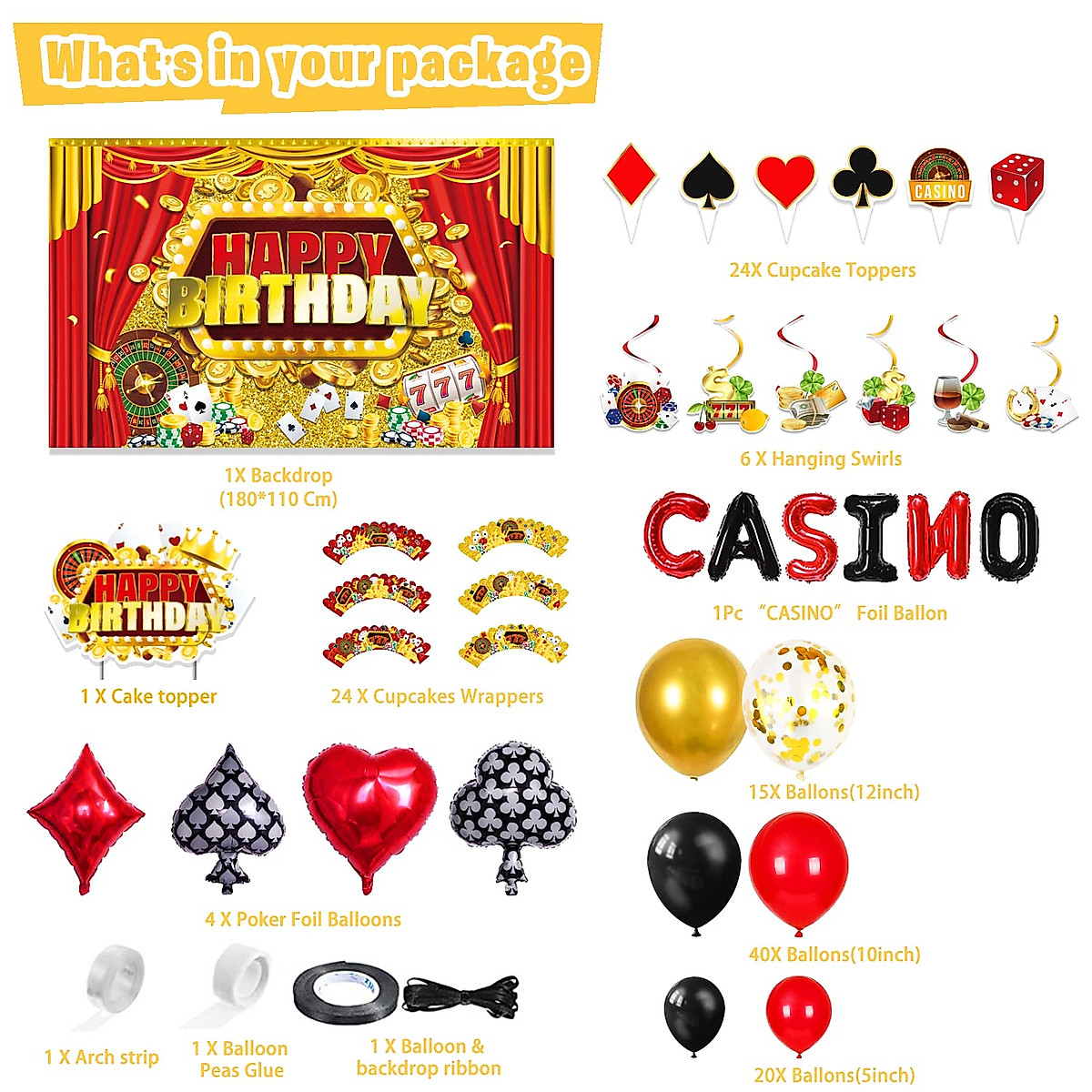 LXlucktim Casino Theme Birthday Party Decorations, 144 Pcs Las Vegas Party Decor Supplies - Backdrop, Cake, and Cupcake Toppers, Balloons, Hanging Swirls, Cupcakes Wrappers
