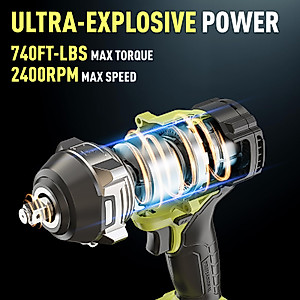 1000N.m (740 ft-lbs) Cordless Impact Wrench, 20V High Torque Brushless 1/2" Impact Gun with 2 x 4.0Ah Batteries and Fast Charger, 4 Sockets, 125mm Extension Bar - Perfect for Home, Car, and Truck Use