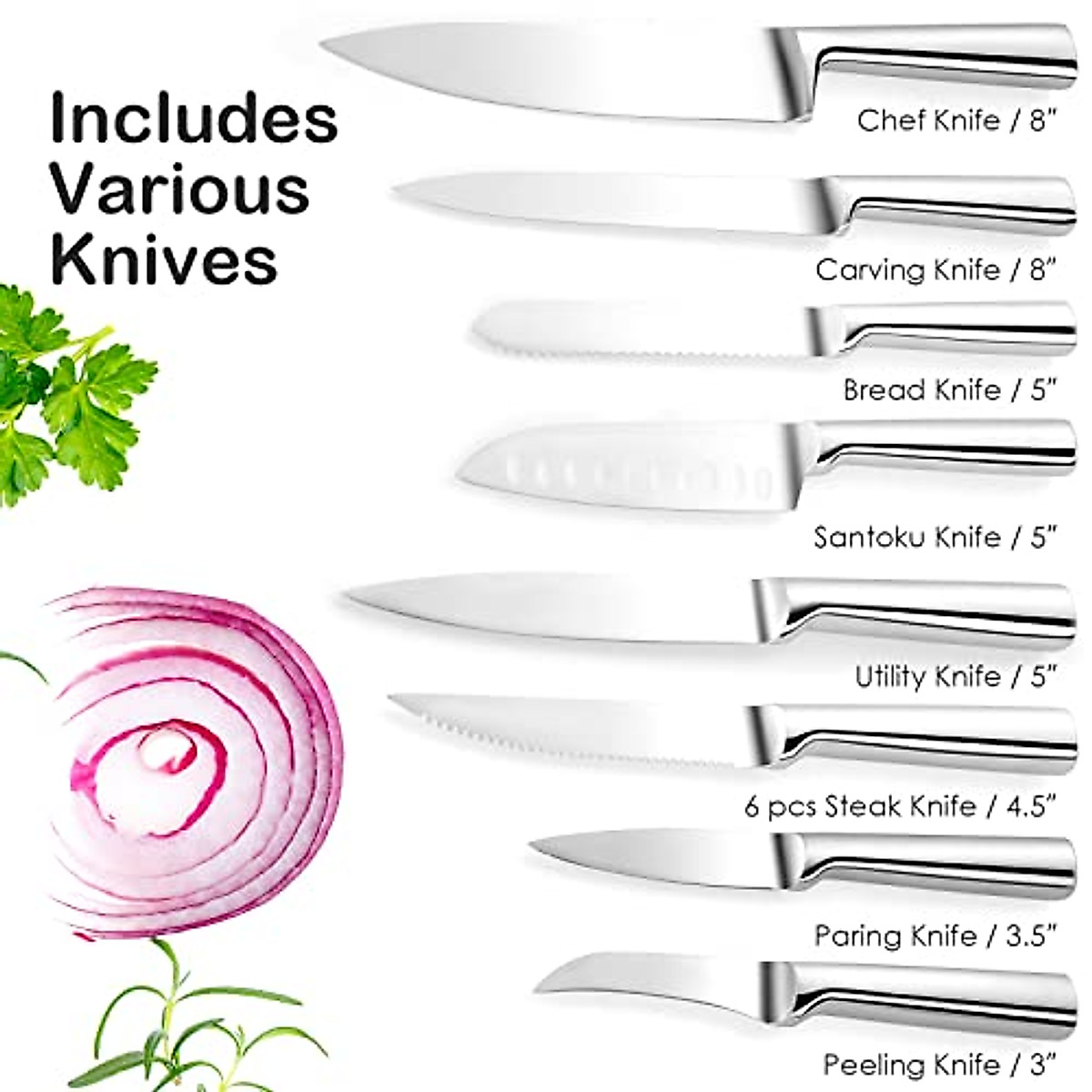 COSTWAY Kitchen Knife Set, with Block, Sharpener & Kitchen Shears,Ultra Sharp Knife Set with Chef Knife, Bread Knife, Santoku Knife, Utility Knife, 6 Steak Knives(16-Pieces, Silver, Brown)
