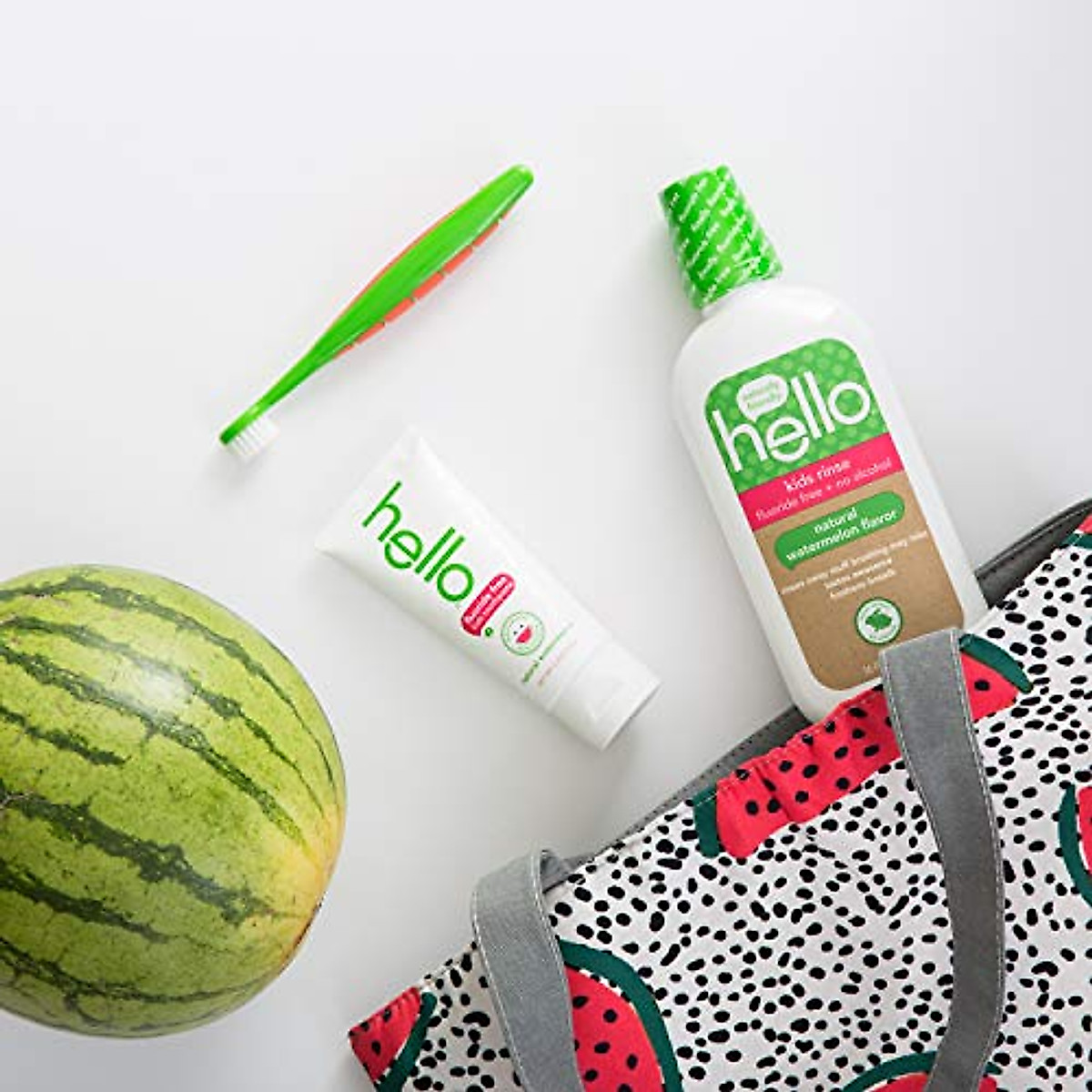 Hello Natural Watermelon Flavor Kids Fluoride Free Toothpaste and Mouthwash, Vegan, Alcohol Free, SLS Free, Gluten Free, 4.2 Ounce Toothpaste Tubes (Pack of 2), 16 Fl Oz Mouthwash Bottle