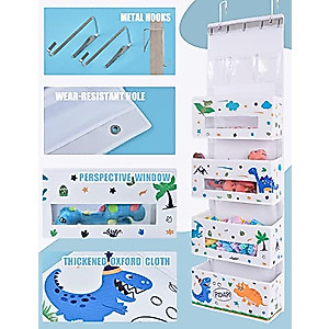 WERNNSAI Dinosaur Door Hanging Organizer - Over Door Storage with 4 Large Pockets 3 Clear Small Pockets for Kids 49” x 14” x 5” Baby Storage Toys Towels Sundries for Children Room Bedroom Kitchen