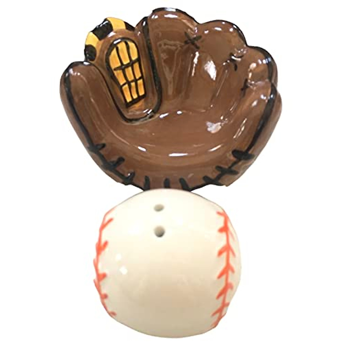 Baseball Glove & Base Ball with Stitching {Real Look} Salt and Pepper Shakers, Catchers Mit 3-1/4" Premium Quality Glazed Ceramic
