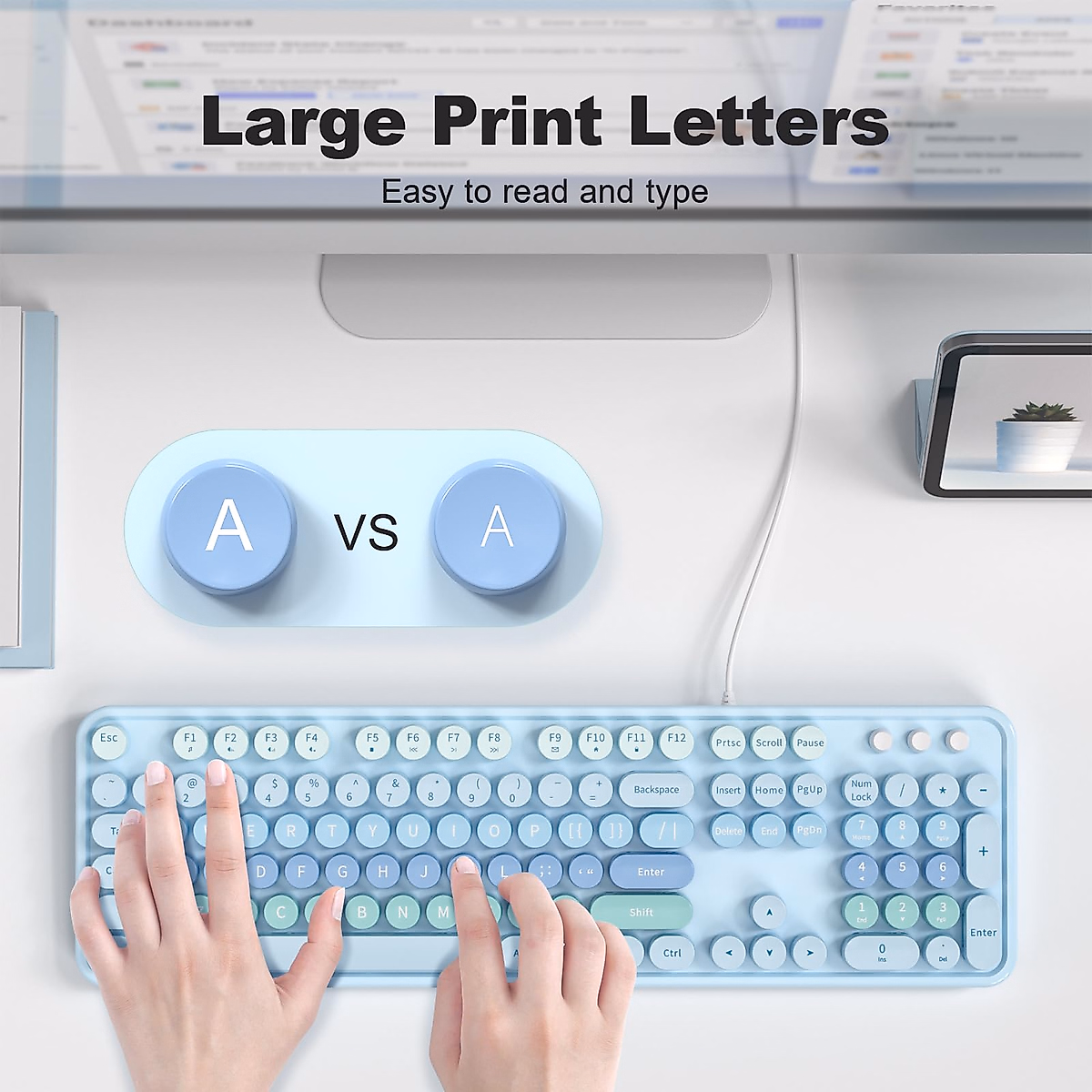 Atelus Large Print Keyboard, USB Wired Computer Keyboard with Retro Keycaps, Numeric Keypad and Media Hotkey for Office Desktop PC Laptop and Windows 7 8 10 11 (Blue Colorful)