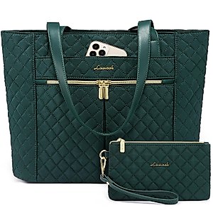 LOVEVOOK Women's 15.6 inch Diamond Quilted Work Tote Bags, Stylish Travel Tote Bag Laptop Purse Briefcase Handbag with Clutch Purse, Dark Green