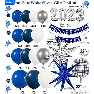Navy Royal blue and Silver white balloon kit for Graduation birthday party decorations class of 2023 Grad congratulations Prom party Grad ceremony decor