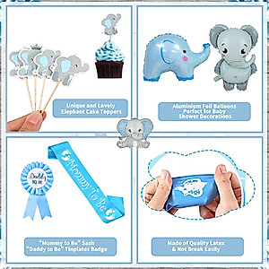 134PCS Elephant Baby Shower Decorations for Boy Baby Boy Shower Decorations Include Elephant Theme Balloon Garland Arch Kit Backdrop Tablecloth Cake Toppers Mommy Sash and Daddy Badge