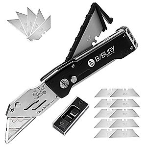 BIBURY Folding Utility Knife, Heavy Duty Box Cutter Pocket Carpet Knife, Blade Storage in Handle with 15 Extra SK5 Blades Included, Belt Clip and Safe-Locking Design