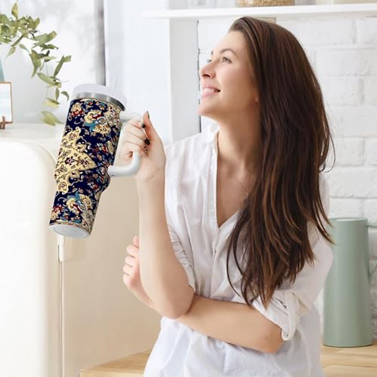 Jihqo Baroque Style Flowers 40 oz Stainless Steel Vacuum Insulated Tumbler with Handle and Straw Lid, Leakproof Water Bottle Double Wall Travel Mug Coffee Cup, Cupholder Friendly