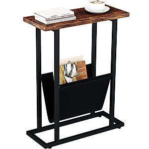 Narrow Side Table for Small Spaces, Small End Table with Magazine Holder Table, Skinny Slim Little Thin Table for Living Room, Bedroom, Sofa, Rustic Brown