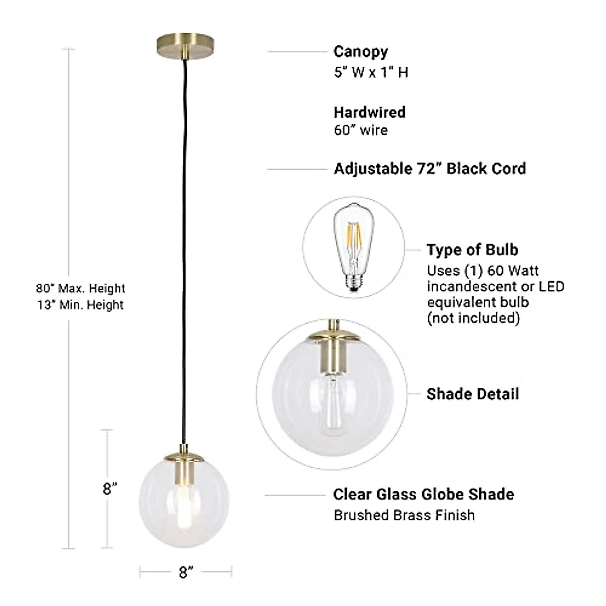 Catalina Lighting 23124-000 Mid-Century Modern Glass Globe Mini Pendant, 8", Brass