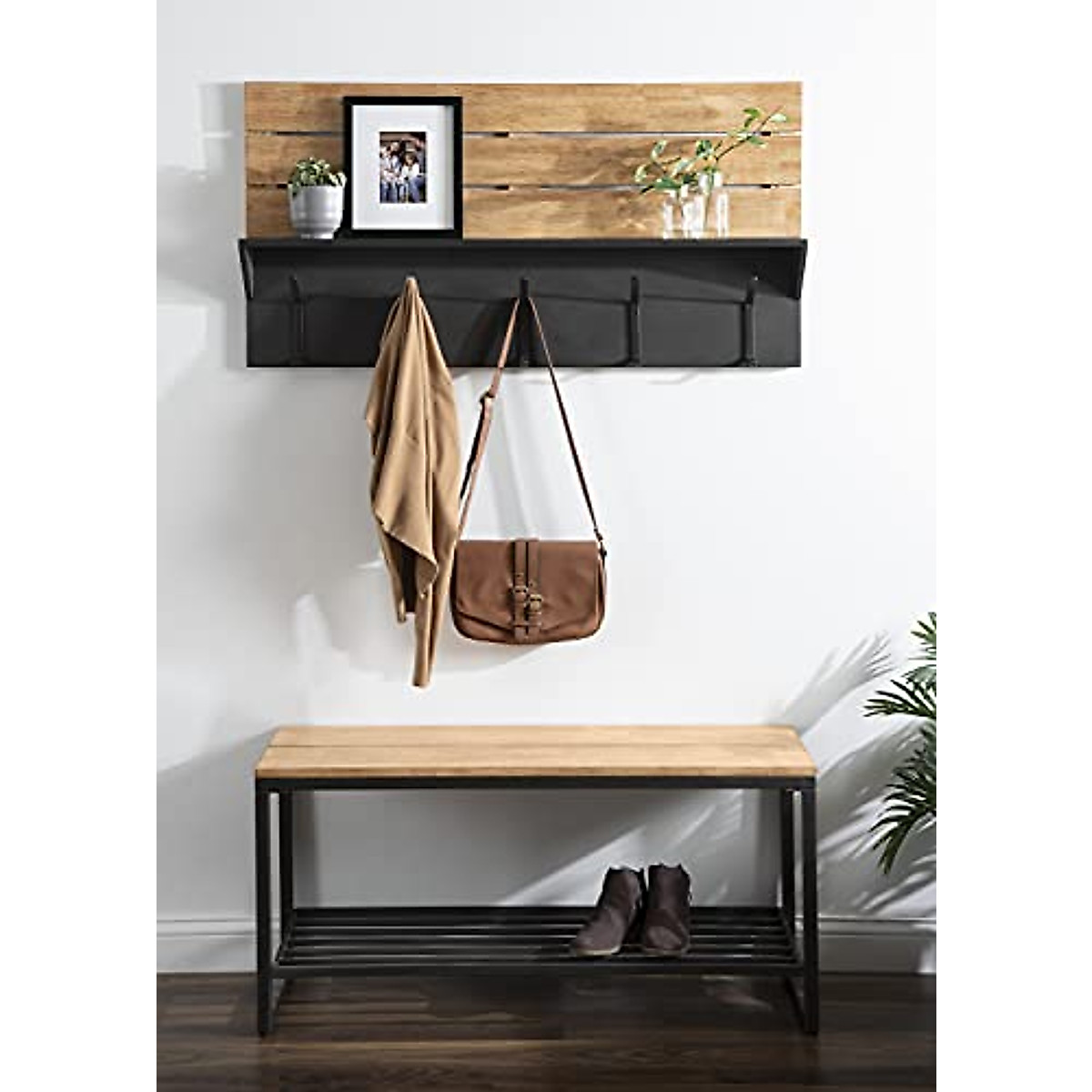 Kate and Laurel Samuels Farmhouse 5-Hook Wall Shelf, 42 x 5 x 22, Rustic Brown and Black, Decorative Wall Storage