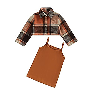 WALLARENEAR 2PCS Toddler Baby Girl Lapel Long Sleeve Button Down Plaid Jackets + Spaghetti Strap Dress Sets (Brown, 2-3 Years)