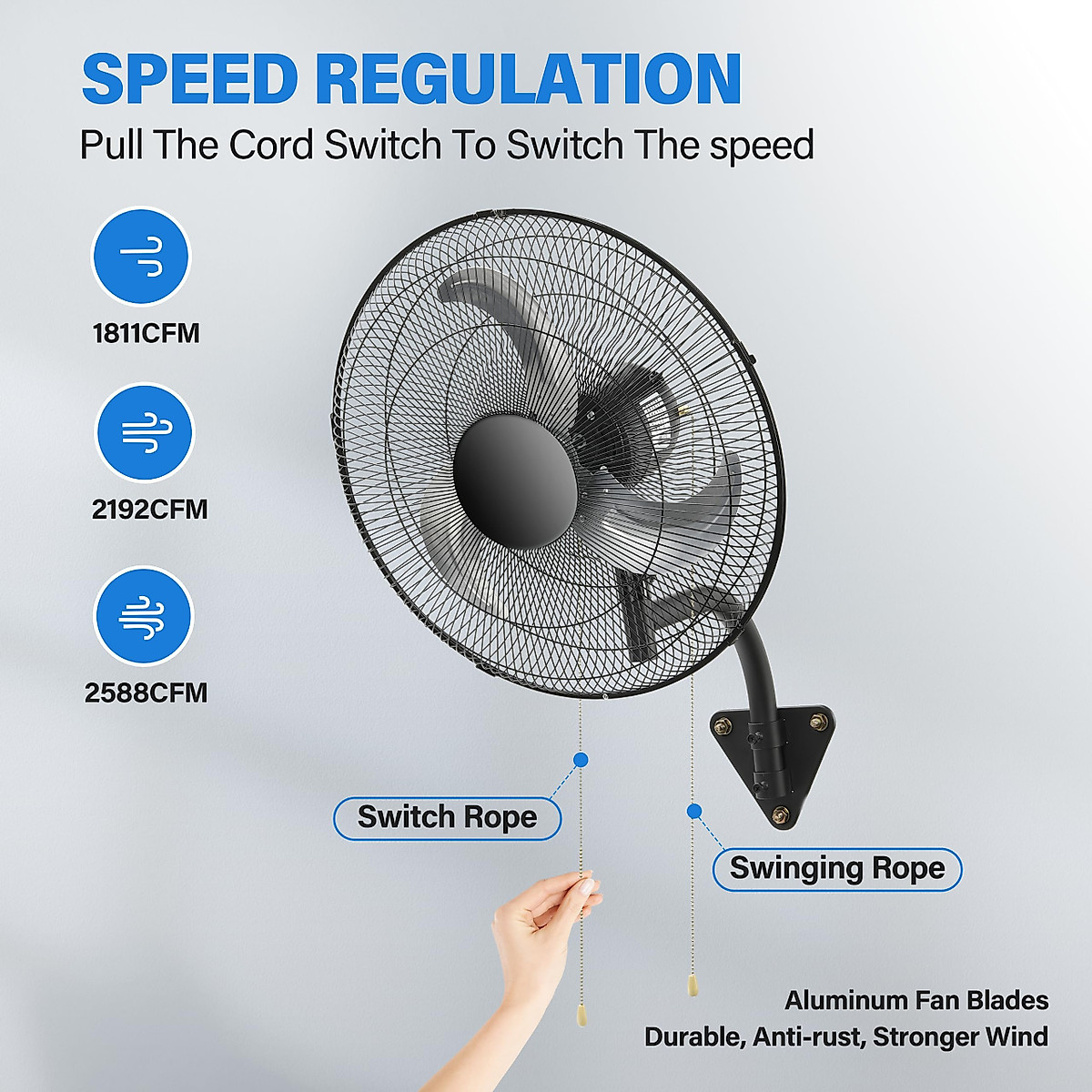 Simple Deluxe Cool Breeze 18-Inch Wall Mount Fan with 3 Speed Settings, 120-Degree Oscillation, Quiet and Effective Cooling for Home, Garage, or Workshop,Black