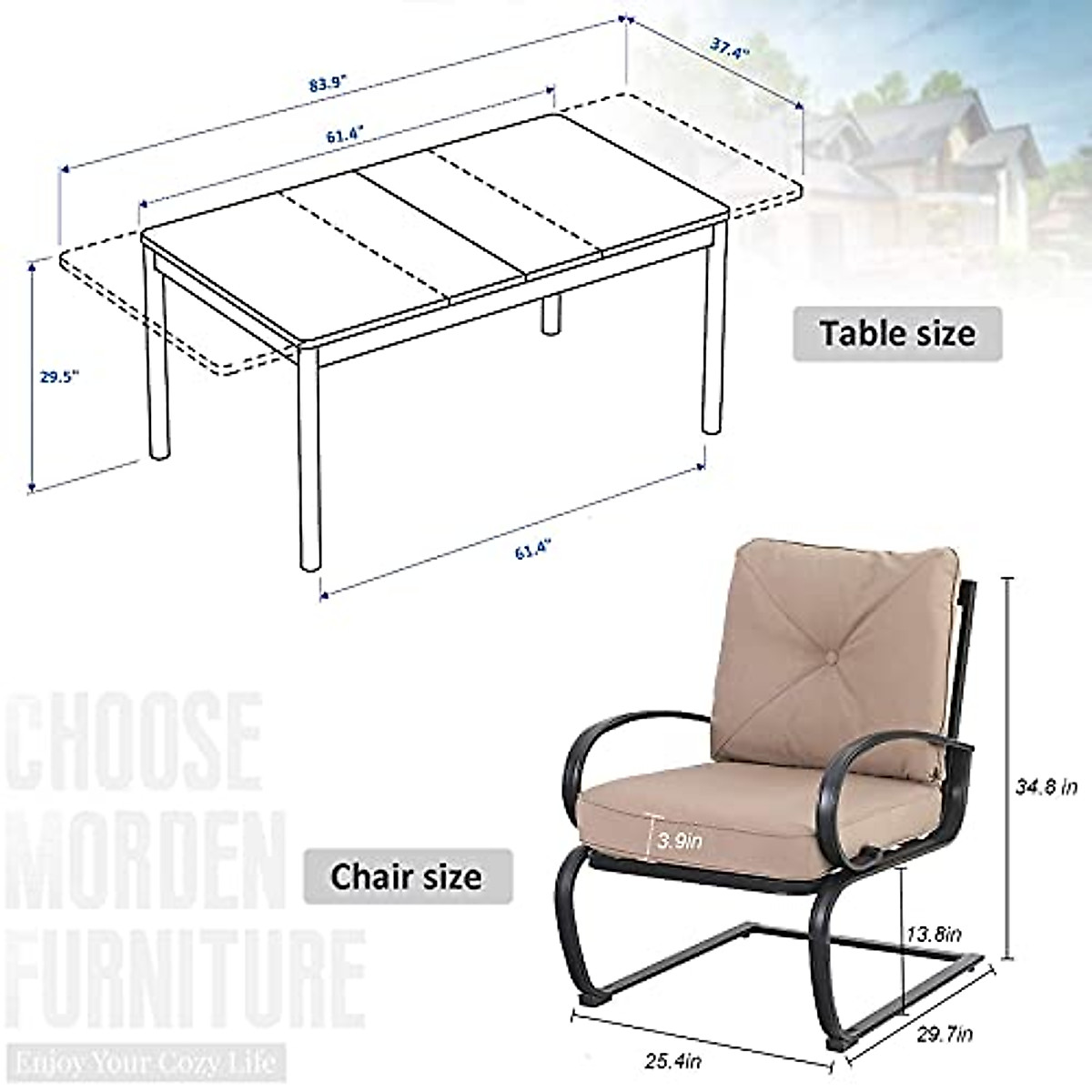 MFSTUDIO 7PCS Outdoor Patio Dining Set, 6 Spring Motion Chairs with Cushion, 1 Rectangular Expandable Table, Porch Lawn Backyard Garden Furniture Sets, Beige
