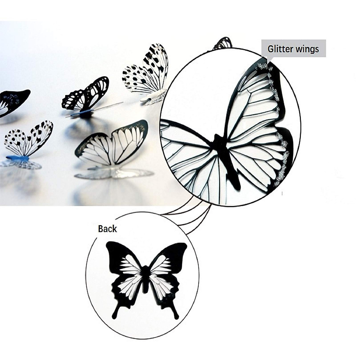 Butterfly Wall Stickers Decal, 36 PCS 3D Black and White Butterfly Stickers with Adhesive,Qyeaber Crystal Butterflies, Removable Art Mural for Baby Kids Bedroom