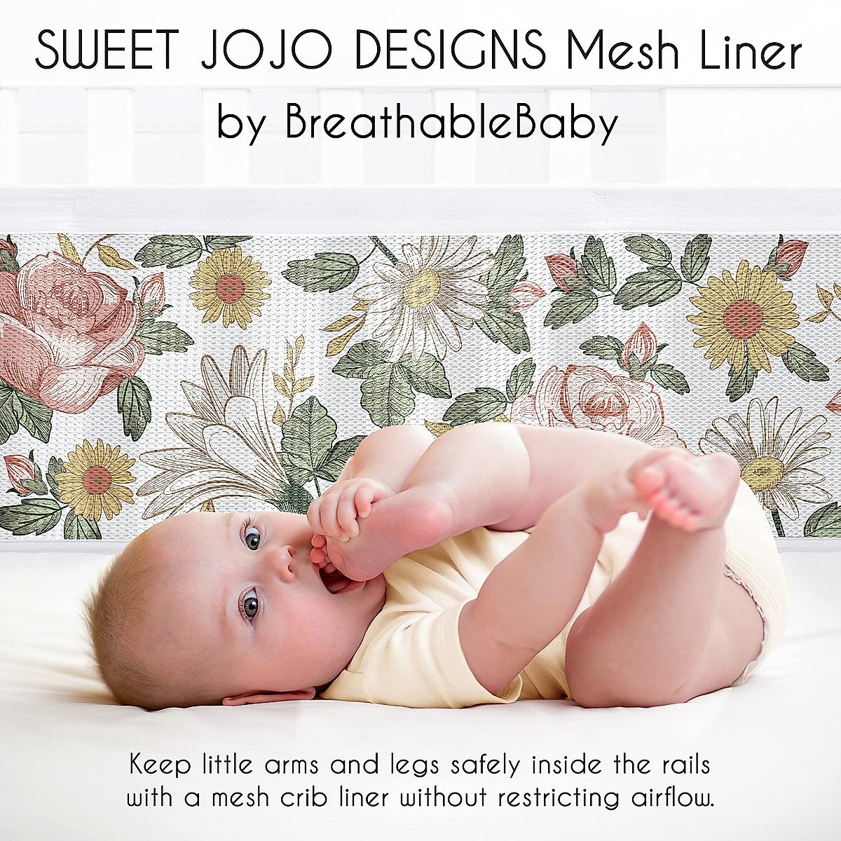 Sweet Jojo Designs + BreathableBaby Blush Pink Yellow Vintage Floral Boho Girl Breathable Mesh Crib Liner Baby Infant Bohemian Shabby Chic Daisy Flower Farmhouse Wildflower Leaf Sage Green