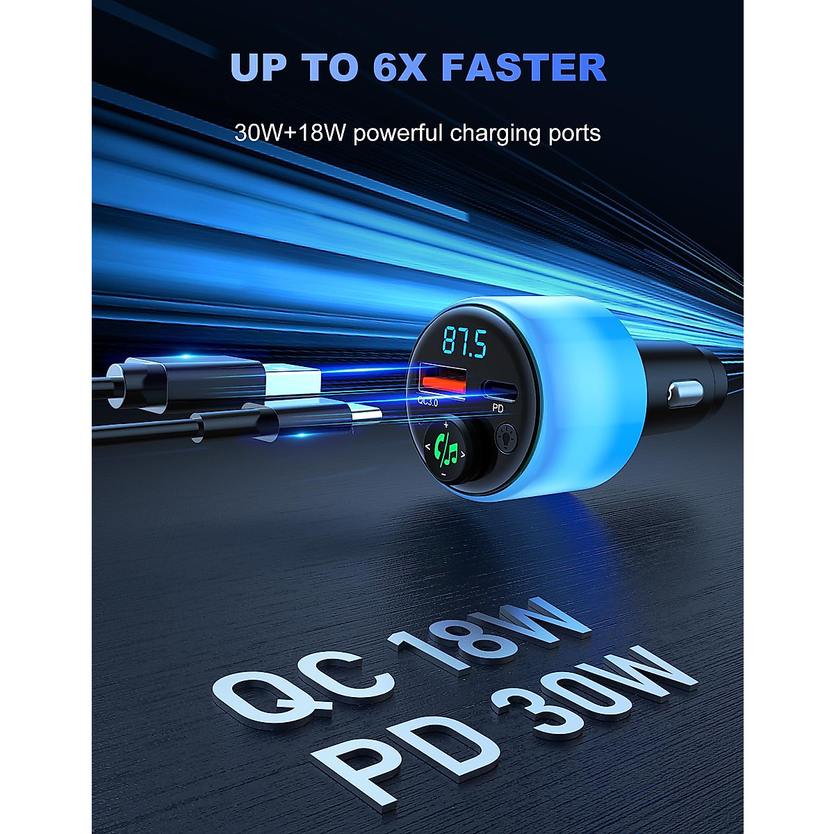 RIWUSI Bluetooth 5.3 FM Transmitter for Car, [All-Over Glow] PD 30W+QC 3.0 Dual-Port Fast Car Charger, Wireless FM Radio Bluetooth Car Adapter with Hands-Free Calling, Hi-Fi Music Player/Car Kit