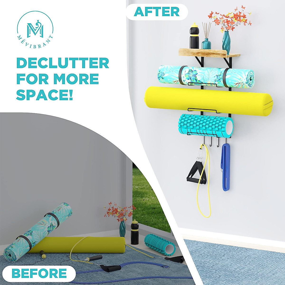 Yoga Mat Holder Wall Mount - 3 Tier Rack and 1 Wood Shelf with 4 Hooks - Ideal Storage Organizer for Home Gym Equipment and Workout Exercise Accessories and Easy to Install