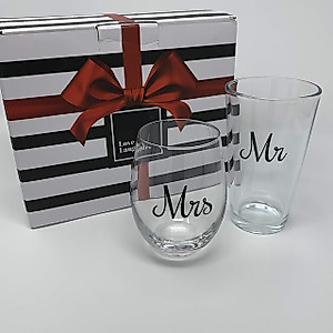 Mr Mrs Beer and Wine Glass Set and Bottle Opener, Funny Beer and Wine Glass set of 2, Funny Gift for Couples, Engagement Gift Idea for Couples, Wedding Gift, Anniversary Beer Wine Glasses for Couples