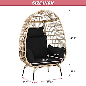 Dkelincs Wicker Egg Chair Indoor Outdoor Lounge Chair Patio Reading Chair Oversized Rattan Egg Chair for Patio, Backyard, Garden, Living Room w/ 4 Cushions Steel Frame, 352lb Capacity(Black)
