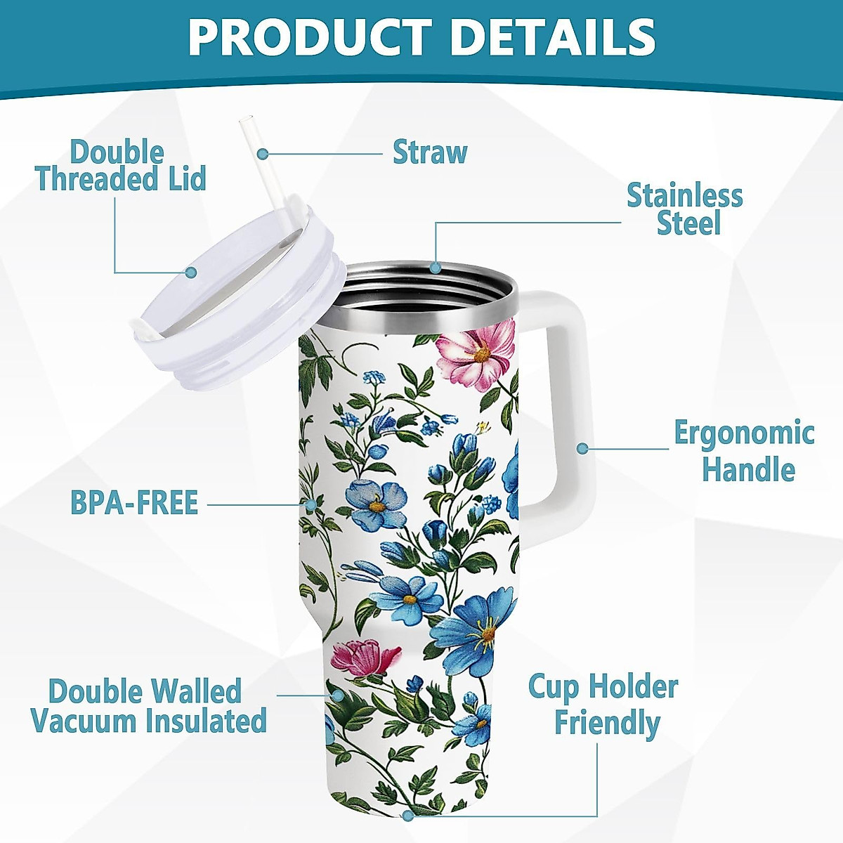 Msyxl 30 oz Insulated Stainless Steel Tumbler with Handle and Straw Lid - Leak-proof Coffee Mug for Men Women, Travel Mug Fits Cup Holder (Vintage Floral Pattern)