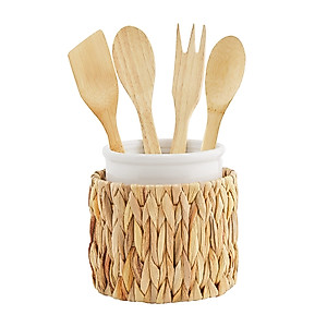 Mud Pie Hyacinth Utensil Holder with Utensil Set, White/Tan, crock 6.26" x 5.5" dia | utensils 10"