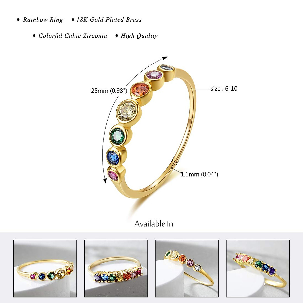 E Gold Ring for Women Rainbow Eternity Jewelry Rings Band Colorful Round Cubic Zirconia CZ Wedding Rings Dainty 14K Gold Rings for Women (round cz,6)