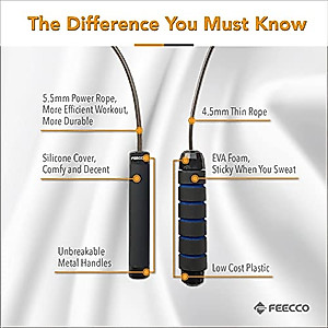 FEECCO 1/2 lb Weighted Jump Rope for Boxing, Cardio, Crossfit Workout, 8~11ft Range Adjustable Length Steel Ropes with Ball Bearings and Metal Handles, Suitable for Men and Women