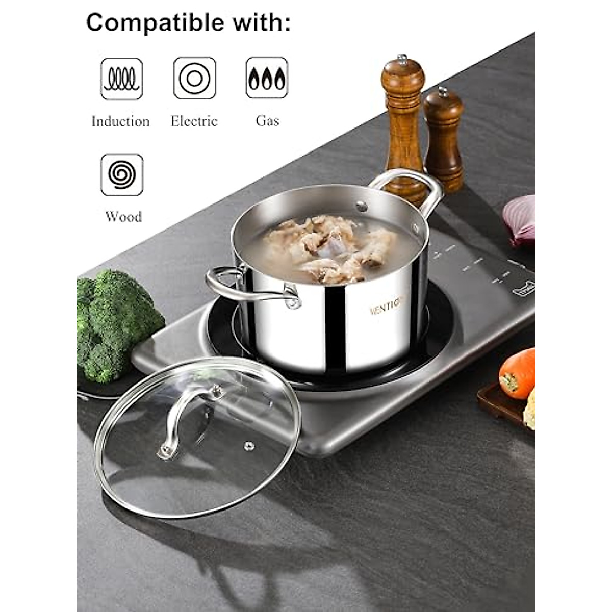 VENTION 3-Ply Stainless Steel Pot, Soup Pot with Lid, 4.6 Quart Cooking Pot