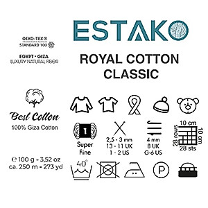 Estako Royal Cotton Classic, 100% Giza Cotton Yarn, Soft, Super Fino 1 for Crochet and Knitting 3.52 Oz (100g) / 273 Yrds (250m) (4053)