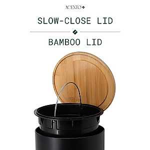 ACENTO Round Soft-Close Step On Bathroom Wastebin, 1.3 Gallon Trash Can with Premium Pedal and Bamboo lid (Matte Black and Natural Bamboo)