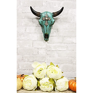 Ebros 10.5" Wide Western Southwest Steer Bison Buffalo Bull Cow Horned Skull Head Turquoise Silver Cross With Floral Lace Design Wall Mount Decor Native Indian Sacred Animal Totem Bust Skulls