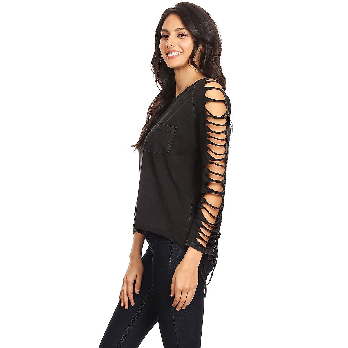 Anna-Kaci Ripped Cut Out Holes Long Sleeve Faded Distressed Top Pullover Shirt,Black,X-Large