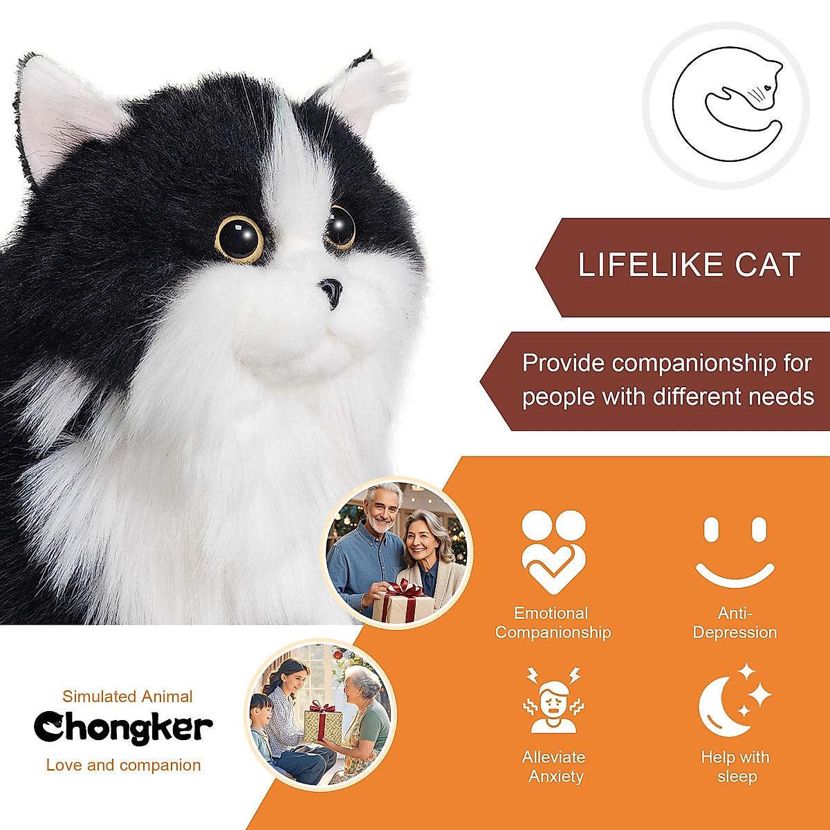 Chongker Stuffed Animals Handmade Realistic Cat Plush Toy Companion Pet for Elderly Adults Women Kids Cat Lover Surprise Gifts for Anniversary Birthday