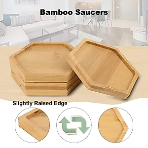 Cosmos 4 Pcs Bamboo Plant Saucer Succulent Pot Holder Drainage Tray with Raised Edge for 3.5 Inch Small Plant Flower Pots (Hexagon Shape)