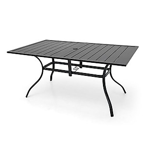 Nixtopia Outdoor Metal Frame Rectangle Patio Dining Table with Slat Top and Umbrella Hole 63"x38" for 6 Person - Black