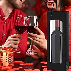 50 Pcs Wine Gift Bag with Window 4.9" x 3.6" x 14.2" Kraft Paper Wine Bags with Windows Kraft Paper Flower Wrapping Bag Transparent Window Bags for Valentine's Day Birthday Wedding Party Gift (Black)
