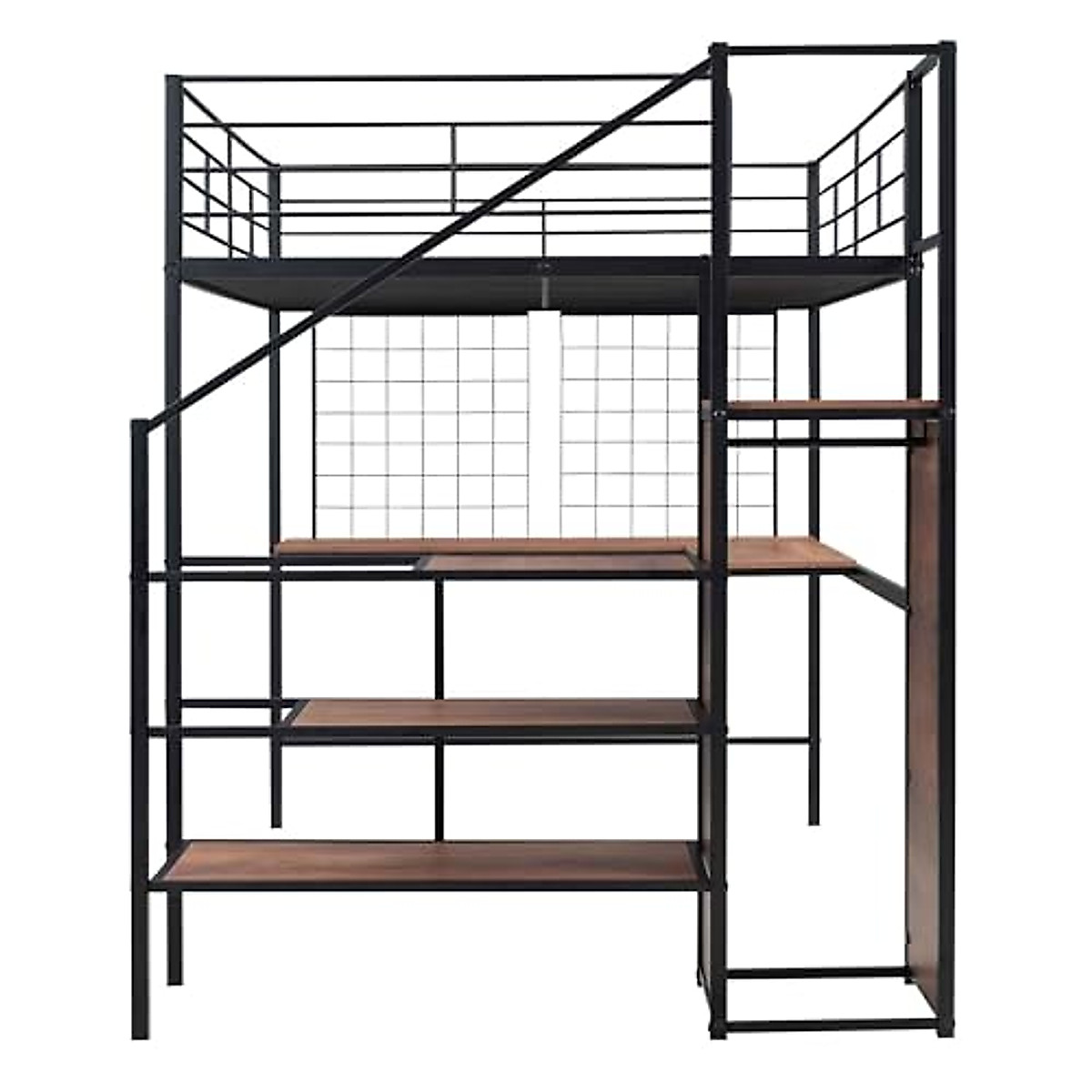 ATY Full Size Loft Bed with L-Shaped Desk and Wardrobe &Storage Shelves, Stairway Metal Bedframe w/Grid, Save Space Design, for Bedroom, Dorm, No Spring Need Required, Black