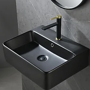 IKEBANA Wall Mount Sink Black,Modern Vessel Bathroom Sink 21"X 17",Modern Floating or Countertop Ceramic Washing Bathroom Sink,Black Rectangle Wall Mounted Lavatory Sink