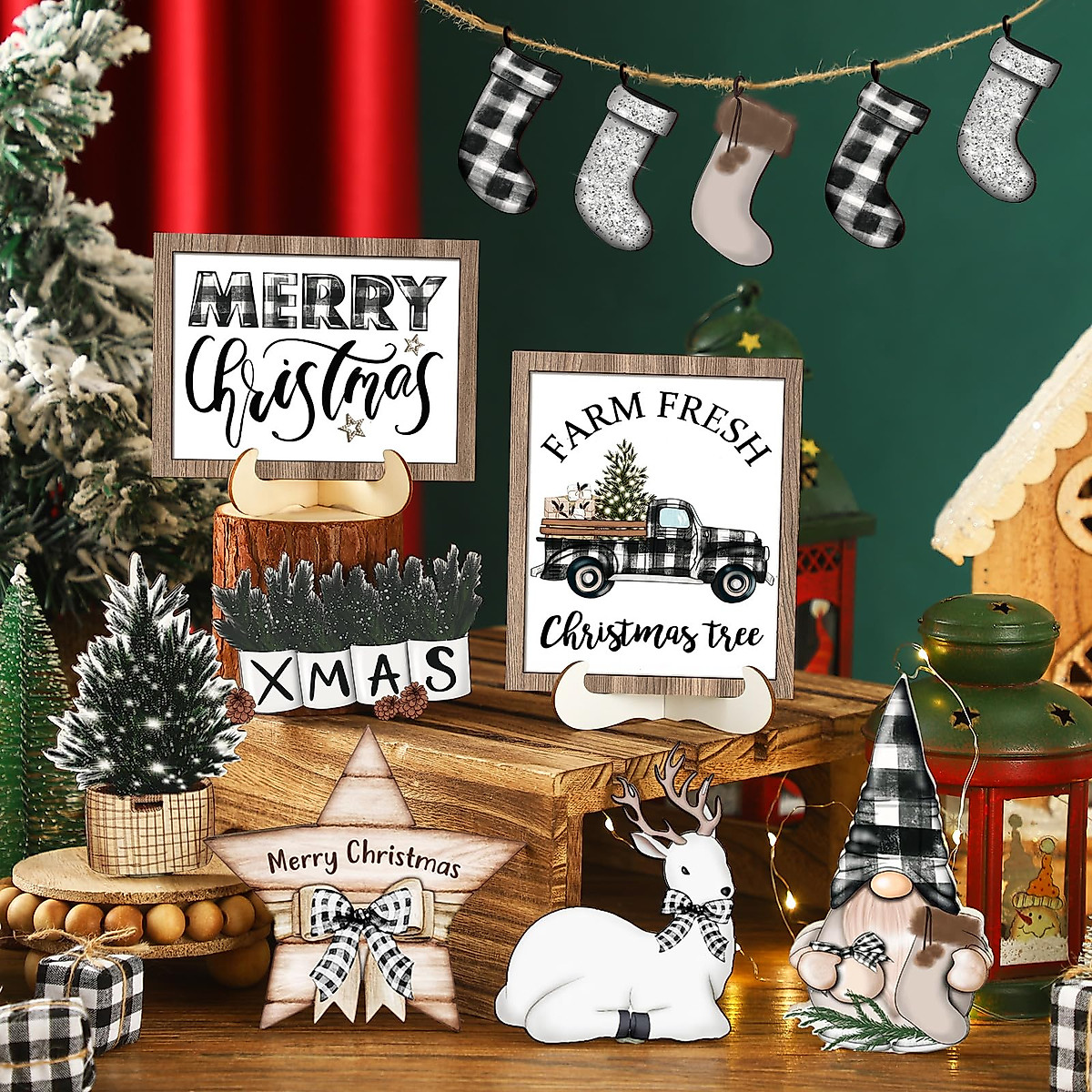 FairySandy 13 Pcs Christmas Tiered Tray Decor Set Xmas Black and White Plaid Gnome Wooden Tabletop Signs Elk Gnome Truck Rustic Farmhouse Winter Decorative Trays Cozy Christmas Decor for Home Kitchen