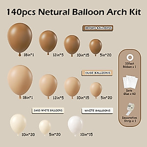 140Pcs Netural Balloon Garland Arch Kit, 5 10 12 18inch Brown Beige Nude Tan Balloons for Birthday Party Netural Bear Baby Shower Decorations